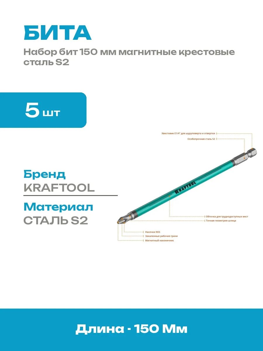 Биты 150 мм S2 крестовые магнитные набор для монтажа 5 шт