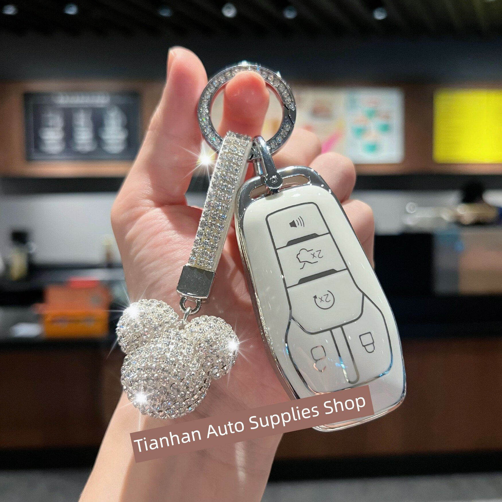 Чехол для ключей Lincoln MKC (старая модель) цвет слоновая кость с алмазными кольцами и полным алмазным Микки, дизайн