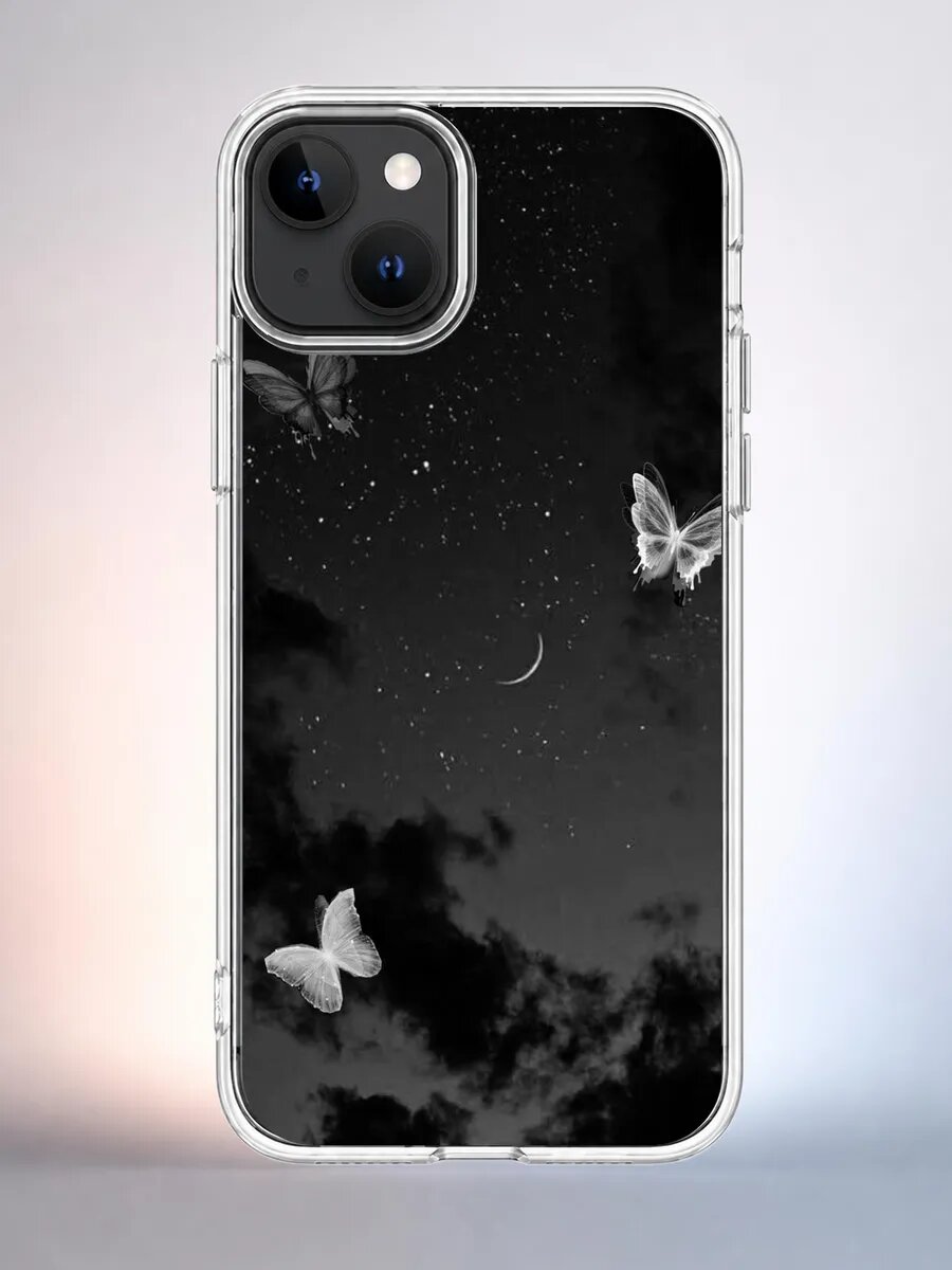 Чехол iPhone 14 бабочки ночь силиконовый прозрачный