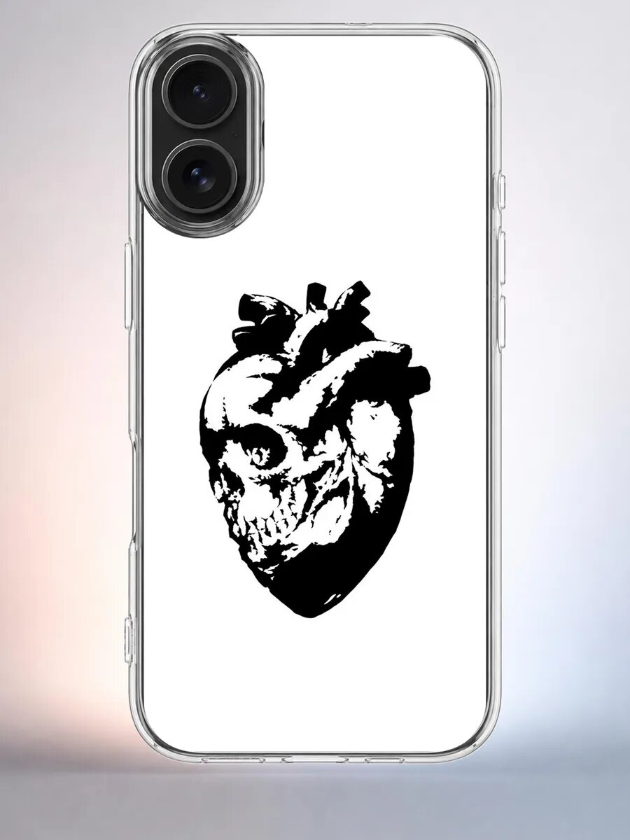 Чехол iPhone 16 сердце-череп силиконовый прозрачный