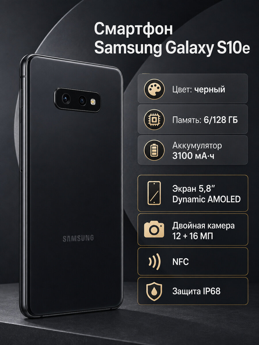Смартфон Samsung Galaxy S10e 6/128 ГБ, черный, NFC, компактный