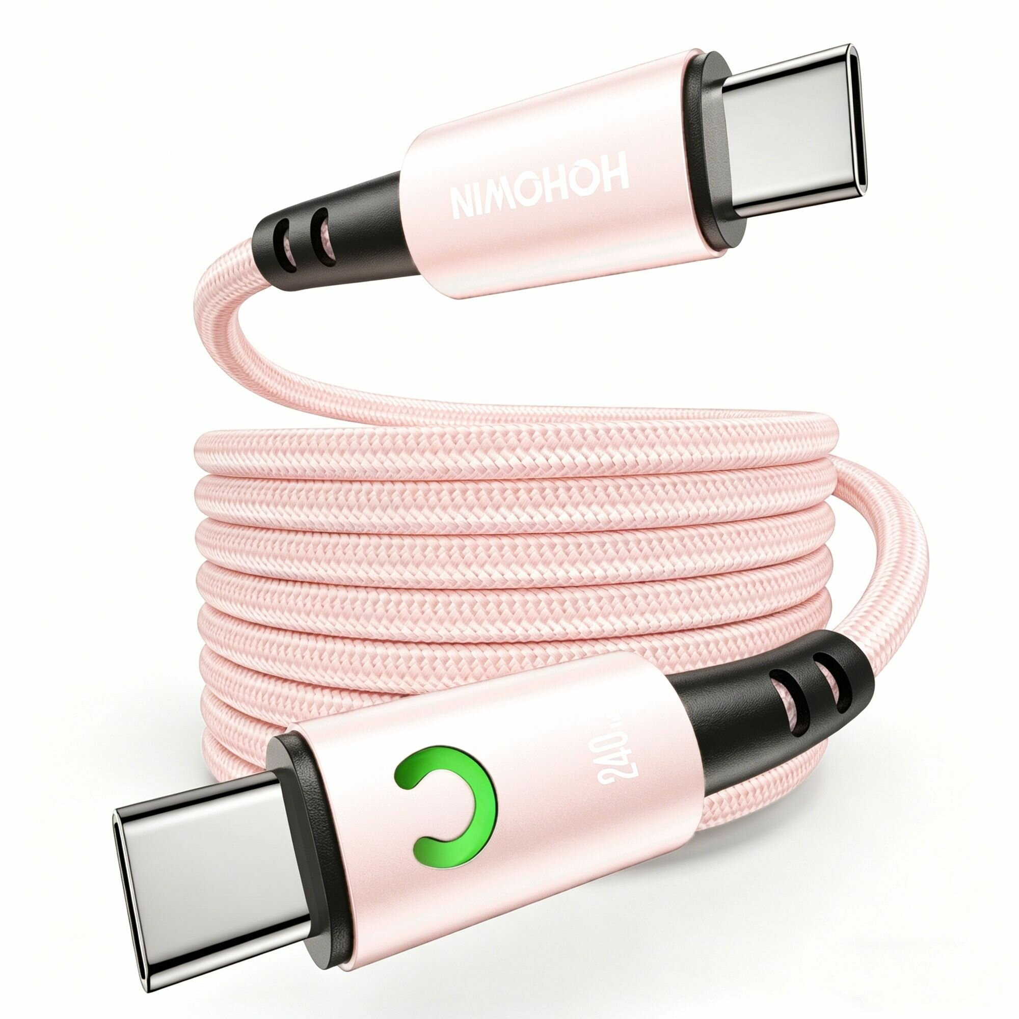 Кабель USB‑C‑USB‑C 240Вт PD быстрая зарядка, нейлоновая оплетка с LED‑индикатором, 1.2 м, розовый, для смартфонов