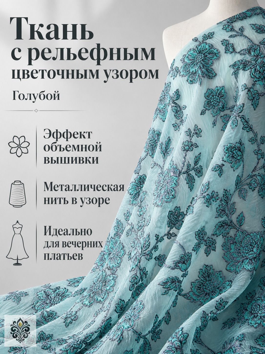 Декоративная ткань с жаккардовым рельефным узором, 138 см ширина, синяя с бирюзовыми цветами, для платьев и декора