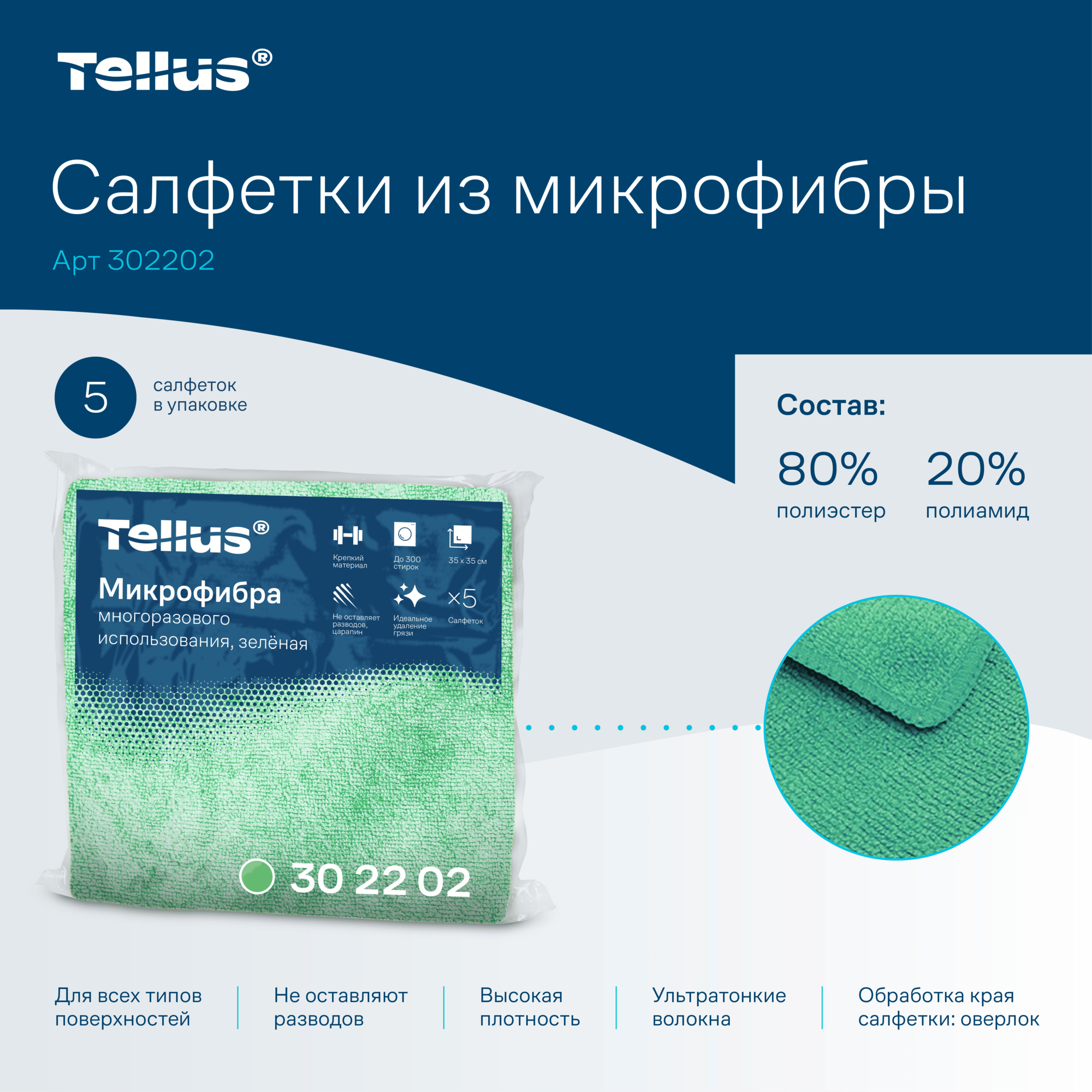Салфетки из микрофибры Tellus многоразового использования, универсальные, зеленые, 5 шт