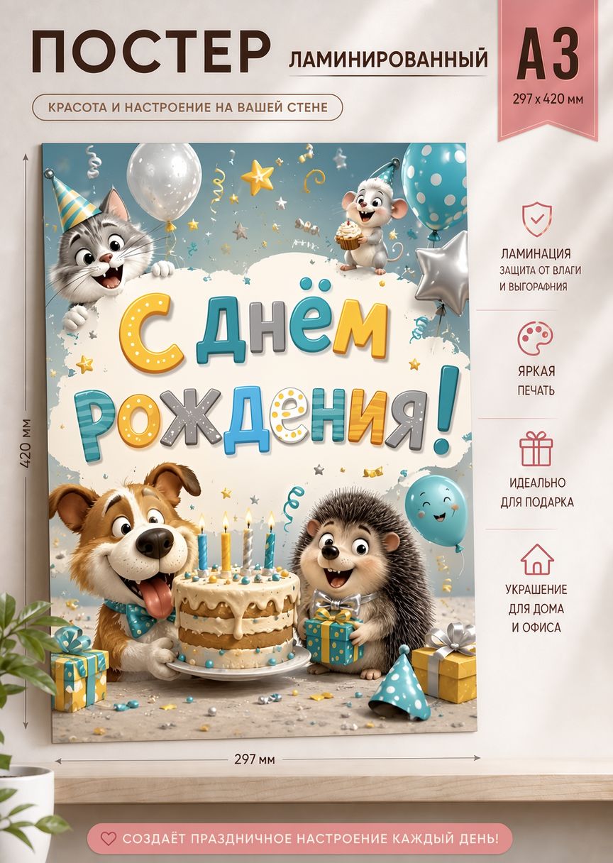 Постер ламинированный детский "С Днем Рождения"