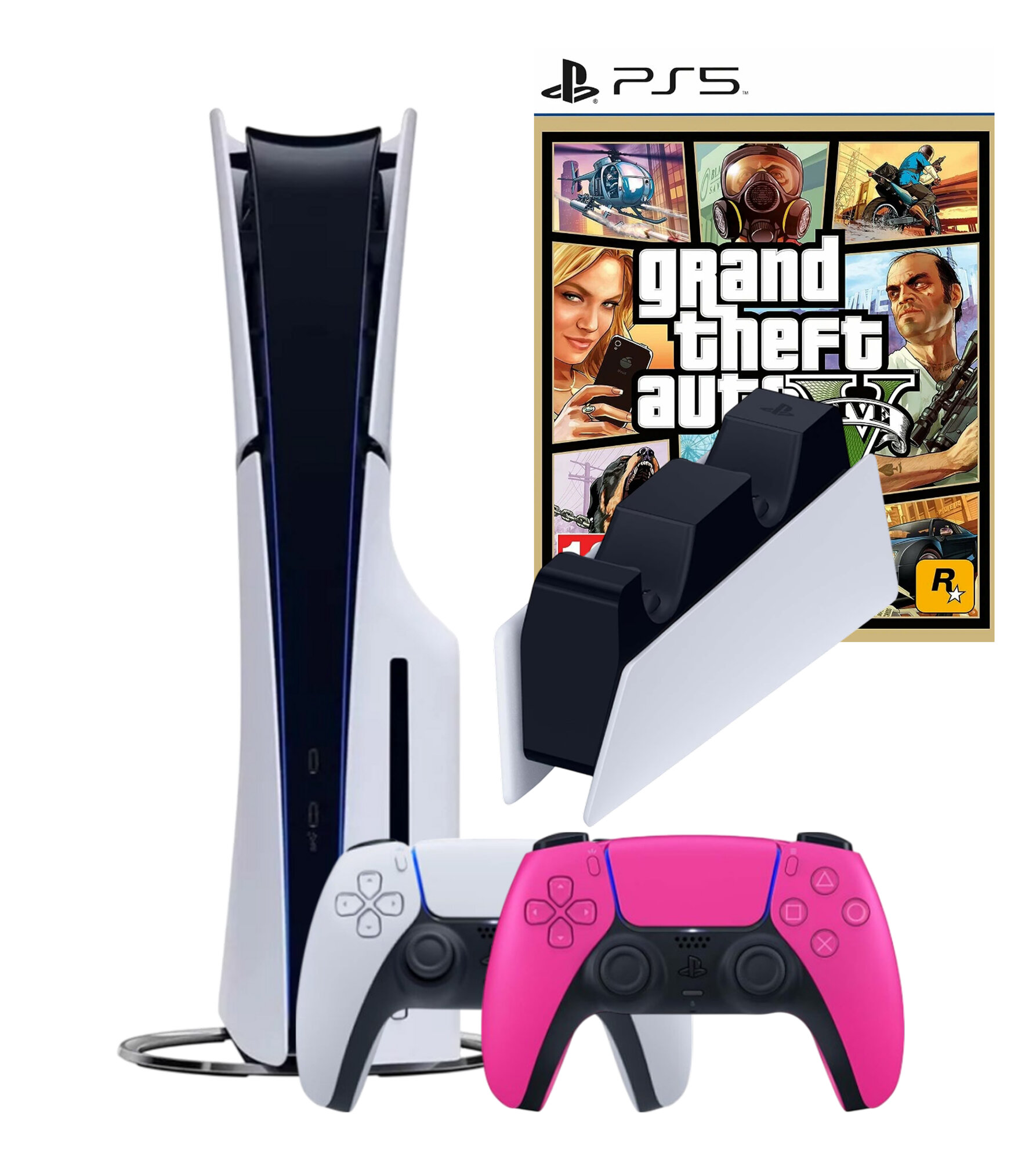 Игровая приставка Sony PS5 Slim + 2й геймпад розовый + игра GTA + станция зарядки