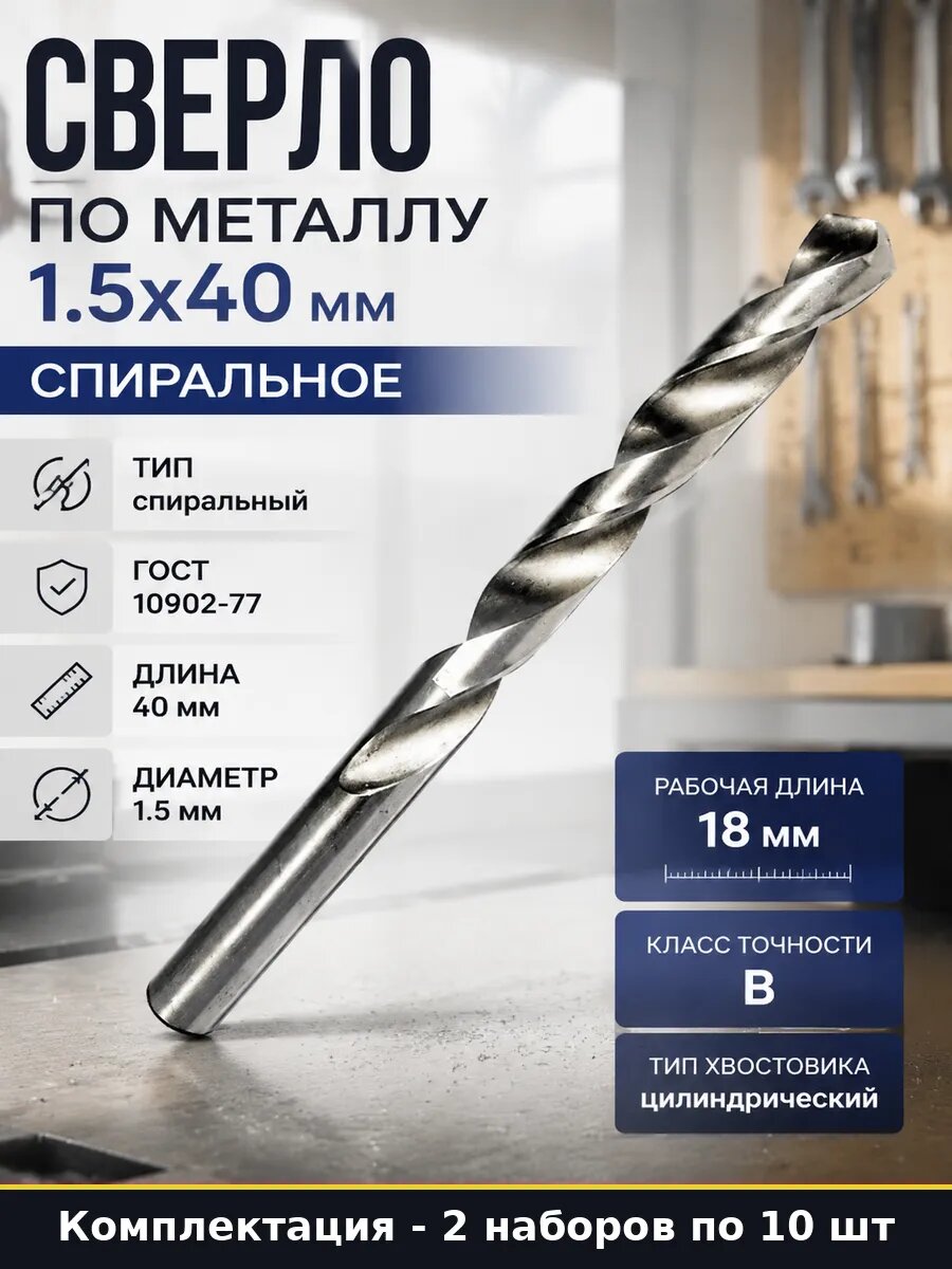 Сверло спиральное 1.5 мм Р6М5 по металлу, 2 шт в комплекте