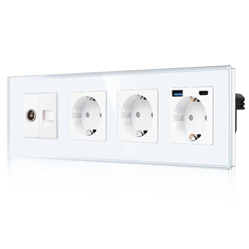 Pозетка на 4 столба с доступом в Интернет, CAT6, разъем USB A/TYPE-C, закаленное стекло, цвет белый