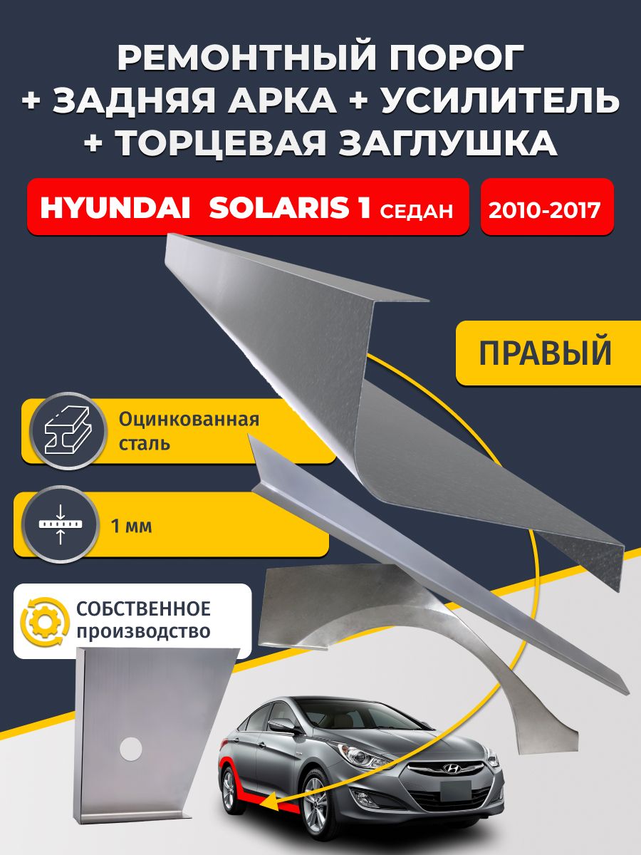 Правая ремонтная задняя арка (0,8 мм) и правый стандартный ремонтный порог + торцевая заглушка + усилитель, на Hyundai Solaris 1 2010-2017 седан (Хендай Солярис 1). Оцинкованная сталь 1 мм