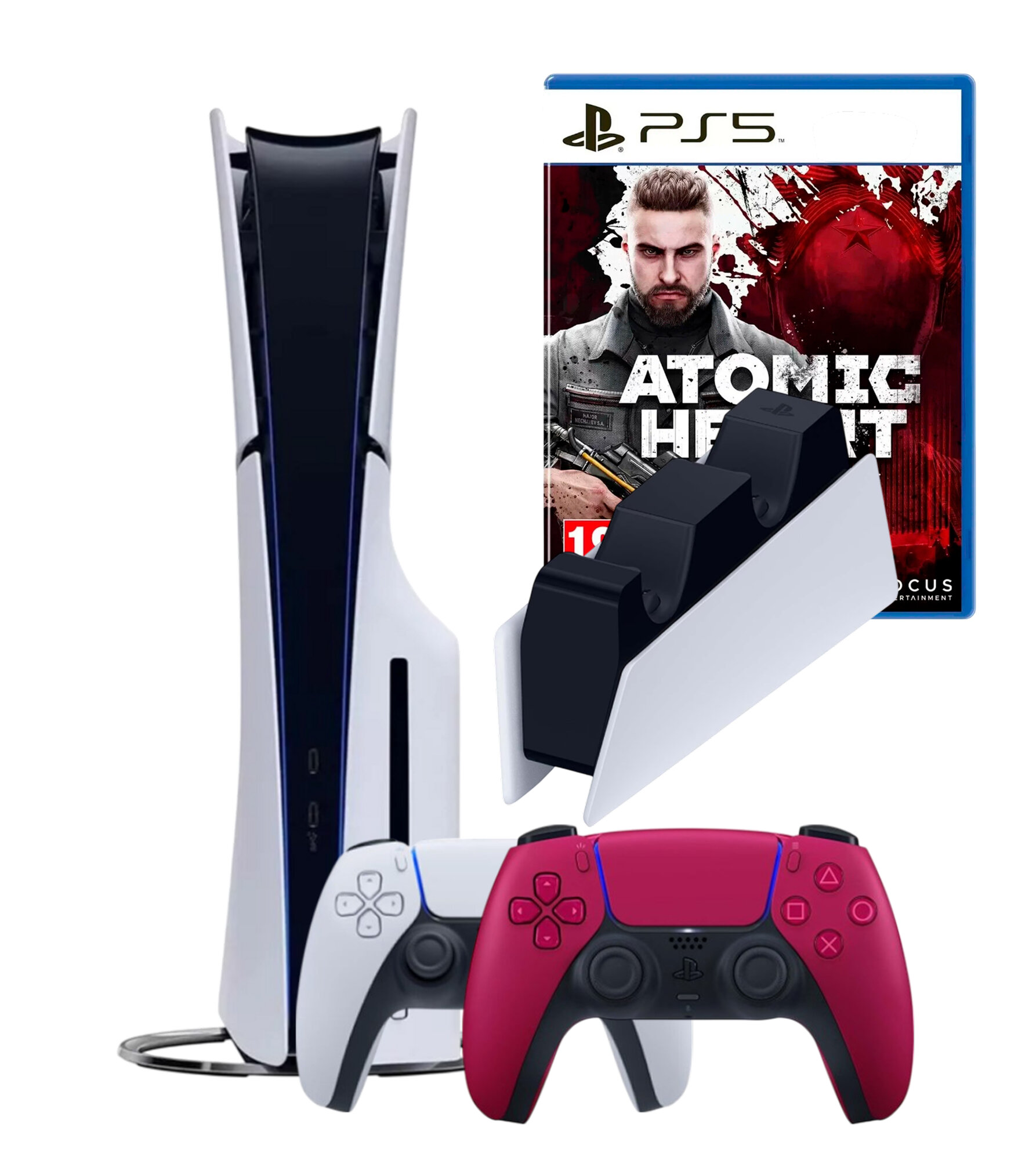 Игровая приставка Sony PS5 Slim + 2й геймпад красный + игра Atomic Heart + станция зарядки