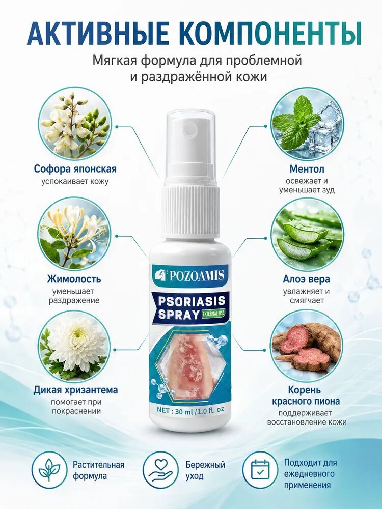 Спрей для кожи от сухости и зуда, средство для проблемной кожи, уход при псориазе и экземе, от раздражения и шелушения, 30 мл