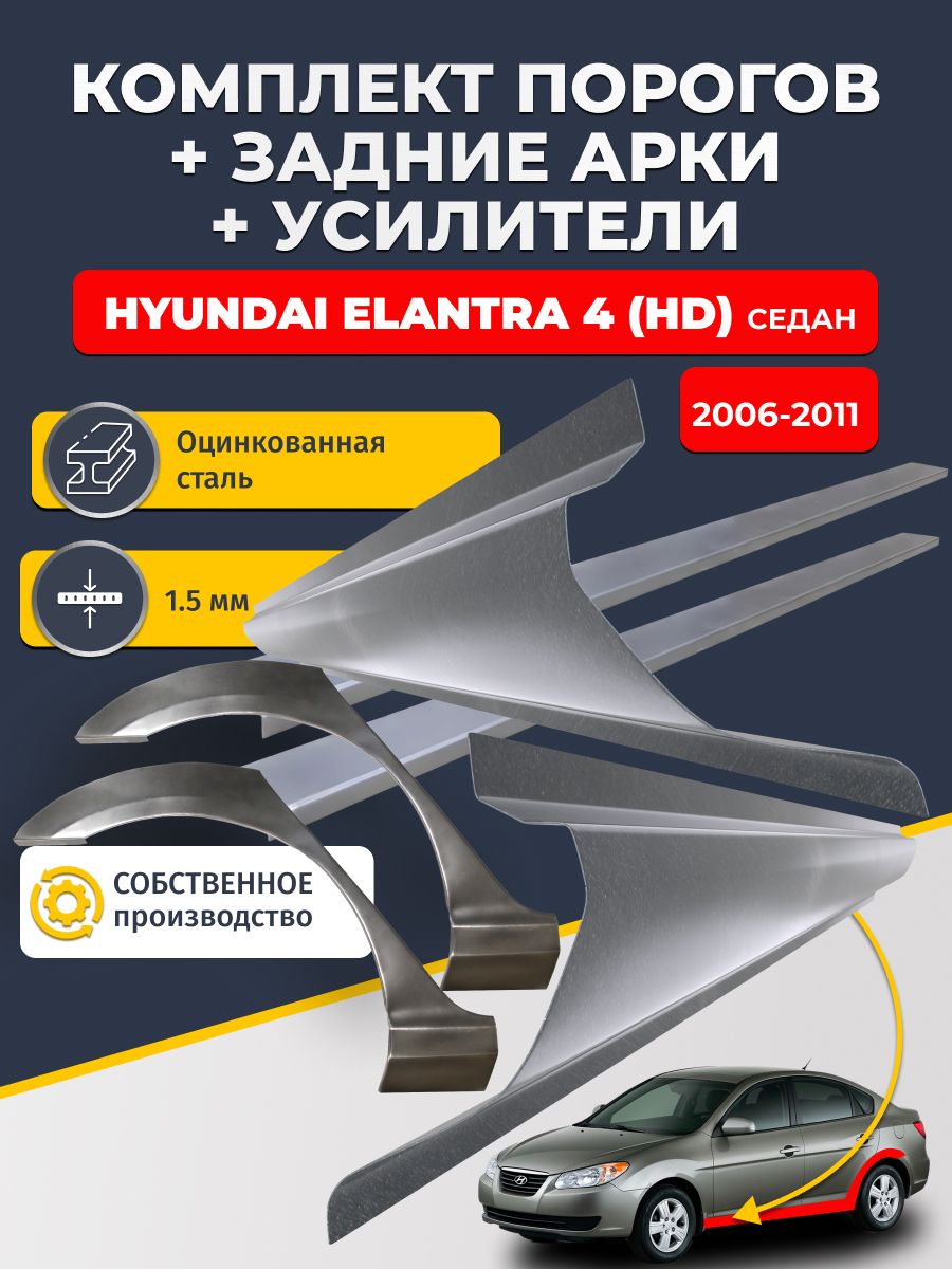 Комплект ремонтных задних арок(0,8 мм) и стандартных порогов(1,5 мм) + усилители (1,5 мм.) на Hyundai Elantra 4 HD 2006-2011 седан (Хендай Элантра 4). Материал оцинкованная сталь.
