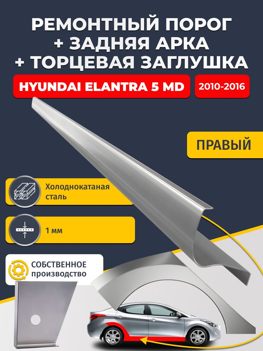Правая задняя ремонтная арка (0,8 мм) и правый стандартный ремонтный порог (1 мм) + торцевая заглушка (1 мм) на Hyundai Elantra 5 MD 2010-2016 седан (Элантра МД). Холоднокатаная сталь