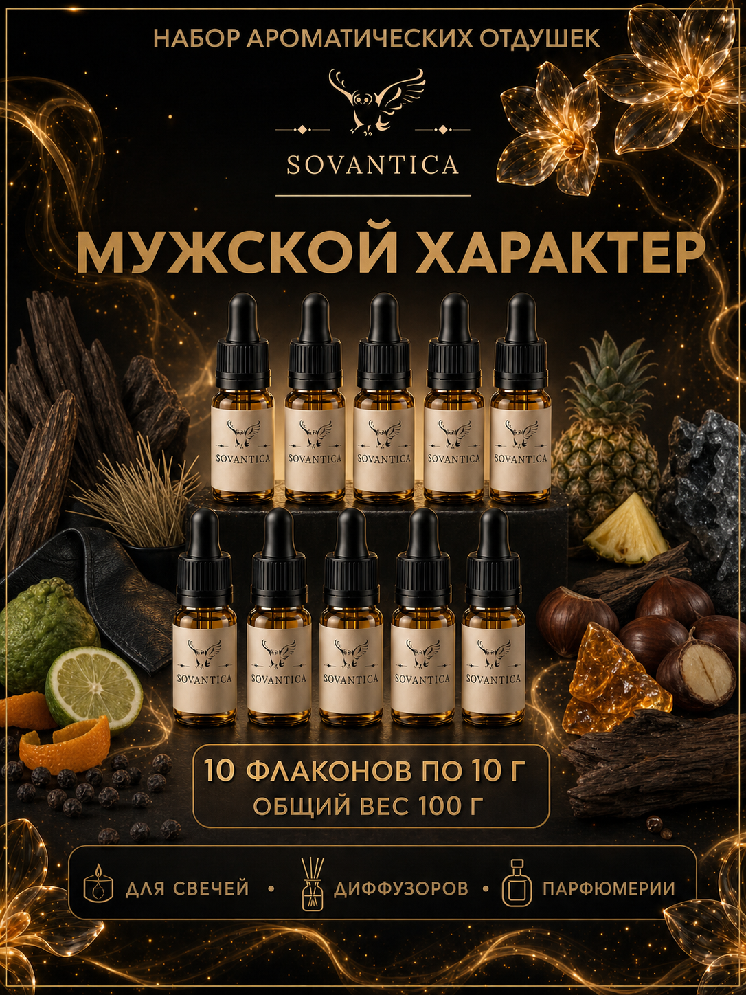Набор отдушек •МУЖСКОЙ ХАРАКТЕР• 10 ароматов по 10 г, Sovantica Fragrances