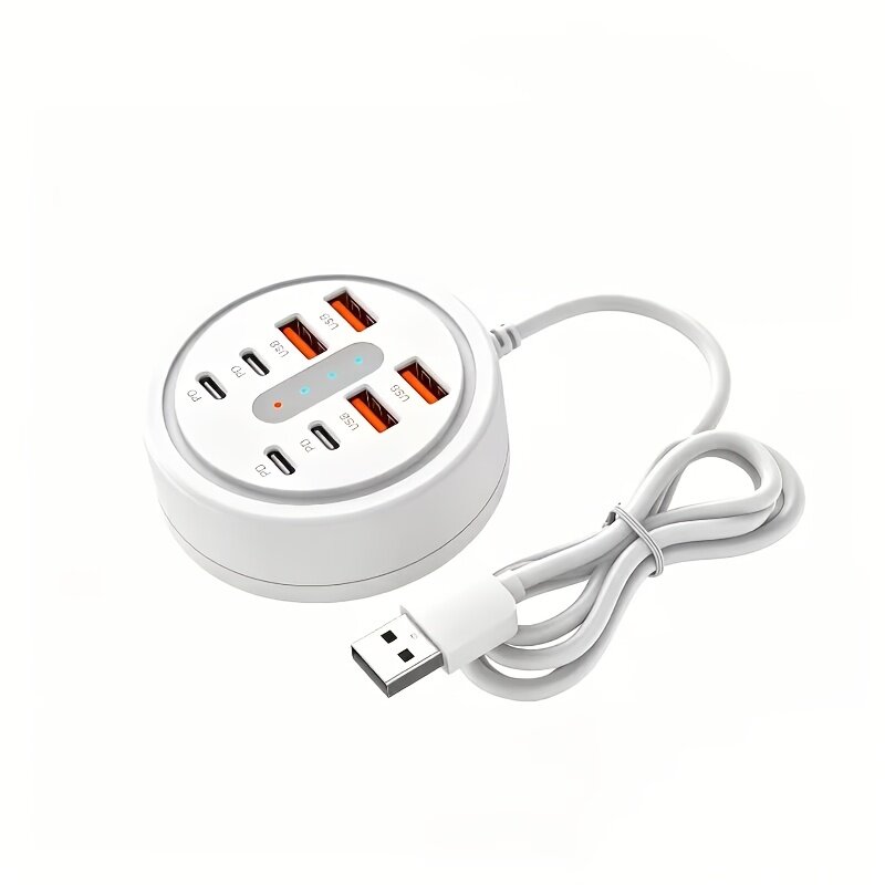 Настольная зарядная станция 8 в 1 с 4 портами USB-A и 4 портами Type-C, быстрая зарядка 66 Вт, компактная и портативная, для одновременной зарядки смартфонов, планшетов, наушников и часов, белый цвет