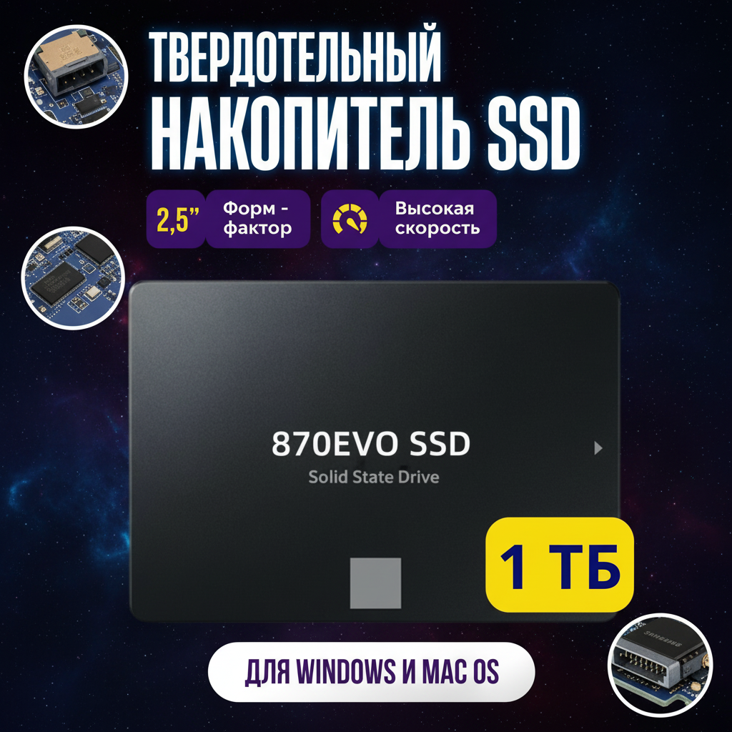 Внутренний SSD 1 ТБ 2.5" 6 Гбит/с твердотельный энергоэффективный для ПК