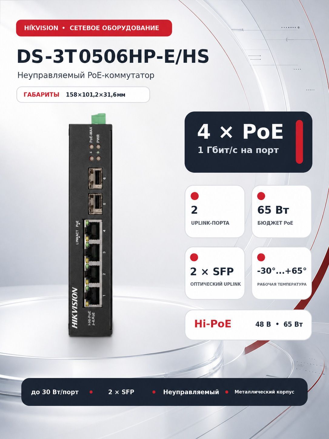 Hikvision DS-3T0506HP-E/HS неуправляемый PoE-коммутатор