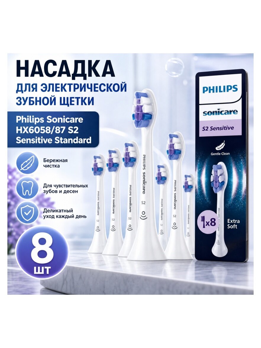 Насадка для электрической зубной щетки Philips Sonicare HX6058/87 S2 Sensitive Standard, 8 шт