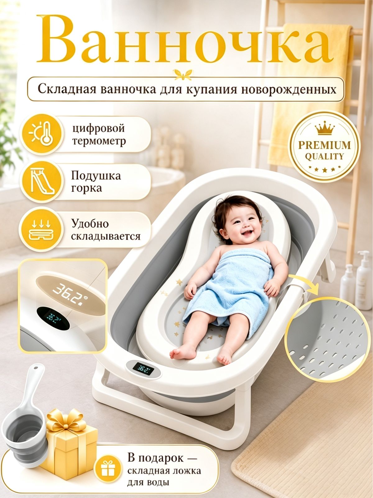 Ванночка для купания новорожденных детская с термометром и матрасом, объем 50 л, безопасная антискользящая ванночка для детей 0+