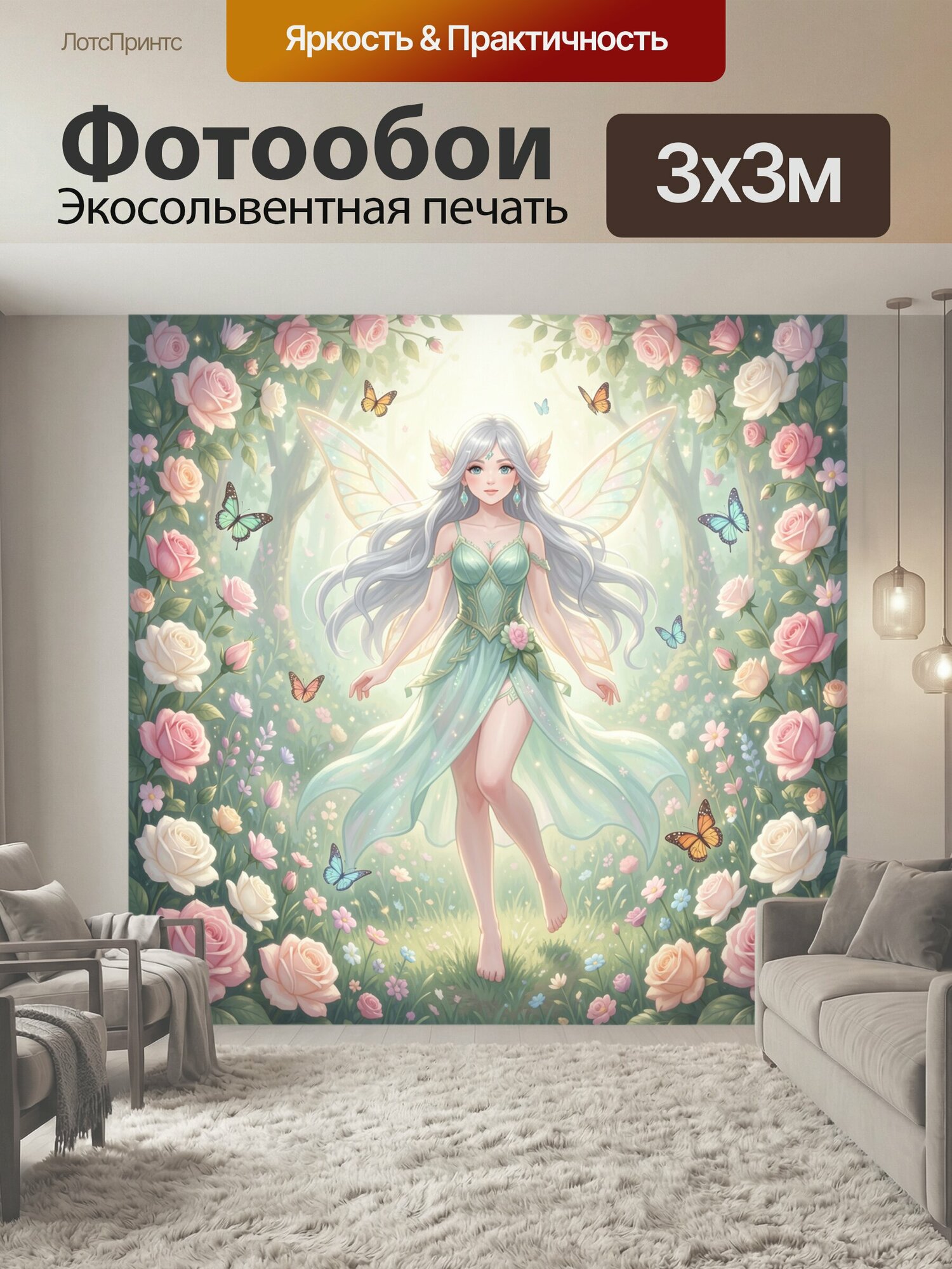 Фотообои "Фея в цветочном саду. Сказочная крылатая девушка в мятном платье среди роз, зелени и луговых цветов, окружённая бабочками. Нежная." 300x300 см. экосольвентная печать