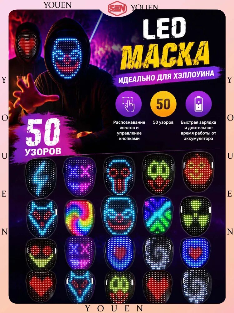 Светодиодная маска для распознавания жестов на Хэллоуин, 50 рисунков