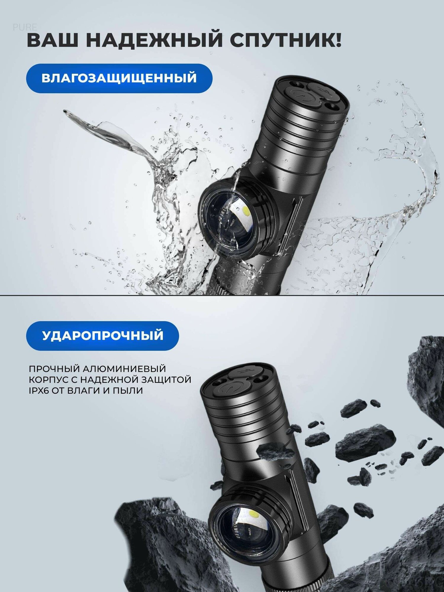 Фонарь налобный с зумом сенсорный 21700