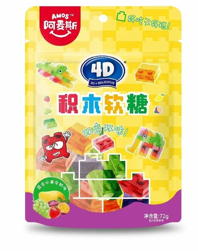 Мармелад AMOS 4D лего жевательные кубики ассорти со вкусом молока /зип-пак/ 72г