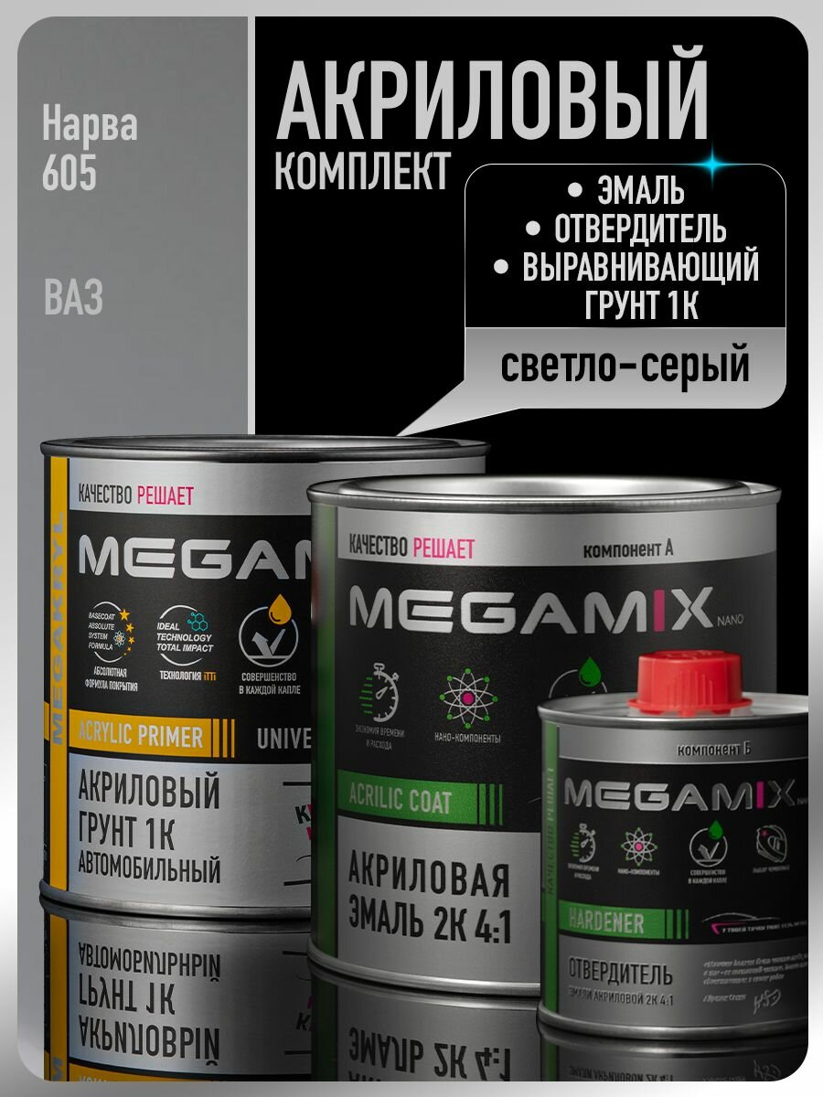 Комплект Акриловая краска автомобильная 2К , Нарва 605, 840мл + Отвердитель 2K 210 мл + Грунт акриловый 1К , светло-серый, 800 г