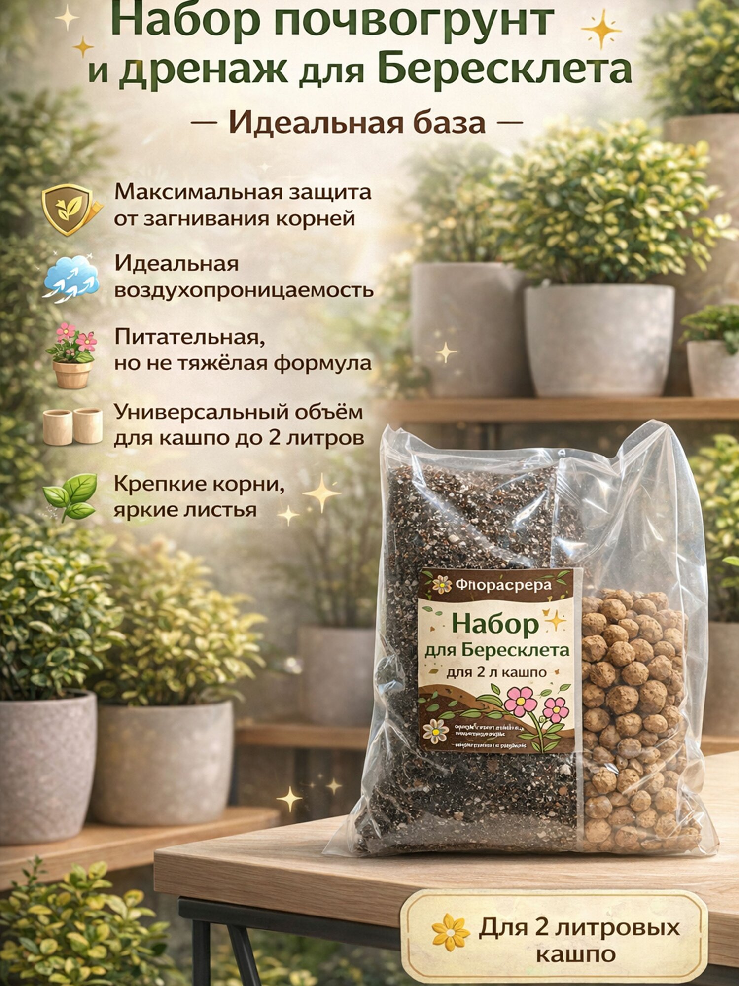 Набор почвогрунт и дренаж для Бересклета для 2л кашпо премиум грунт