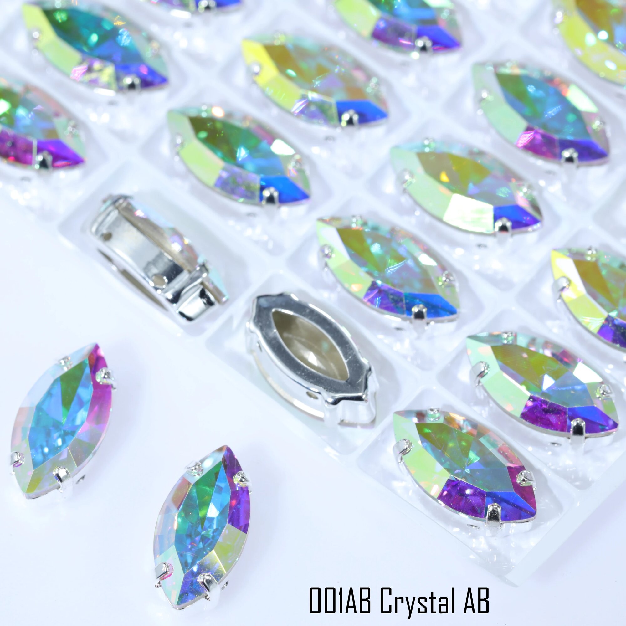 Стразы «Конский глаз» стеклянные белые для Silver Claw, Серебряный, 36Pcs 9mm18mm, 001AB Crystal AB