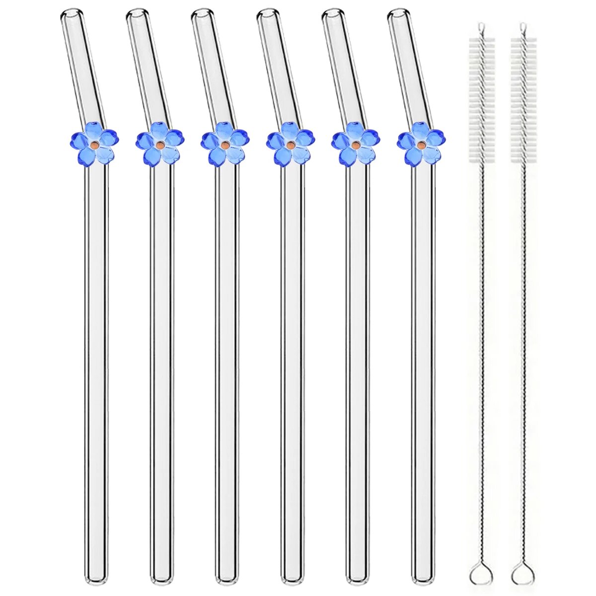 6pcs Стеклянные питьевые соломки цветочная согнутая соломка с щеткой.