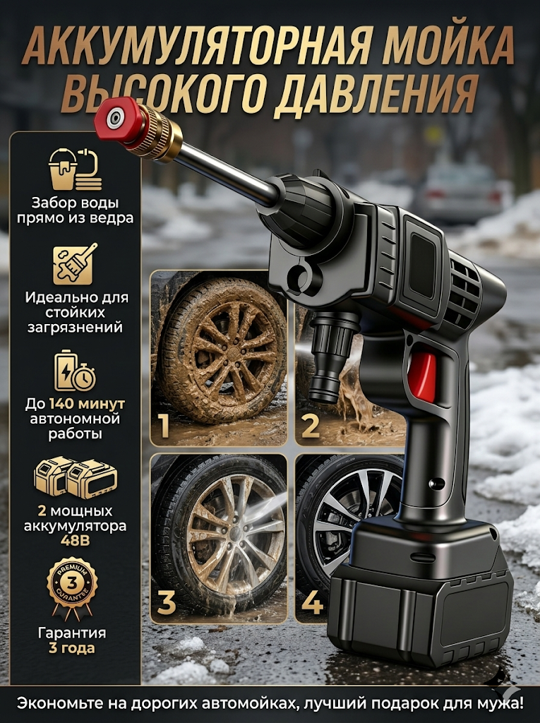 Мойка высокого давления HIOMEE, 1000Вт, портативная, аккумуляторная, с фильтром, в кейсе