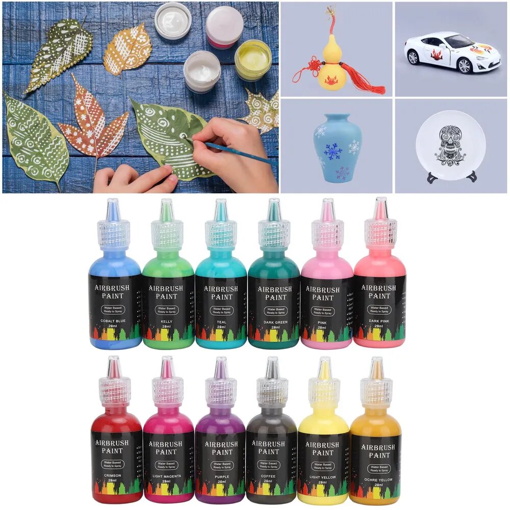 Краски для аэрографии для аэрографа Crimson Light Magenta Purple Coffee Light Yellow Ochre Yellow Cobalt Blue Teal Dark Green Kelly Pink Dark Pink 29 мл — фото 1