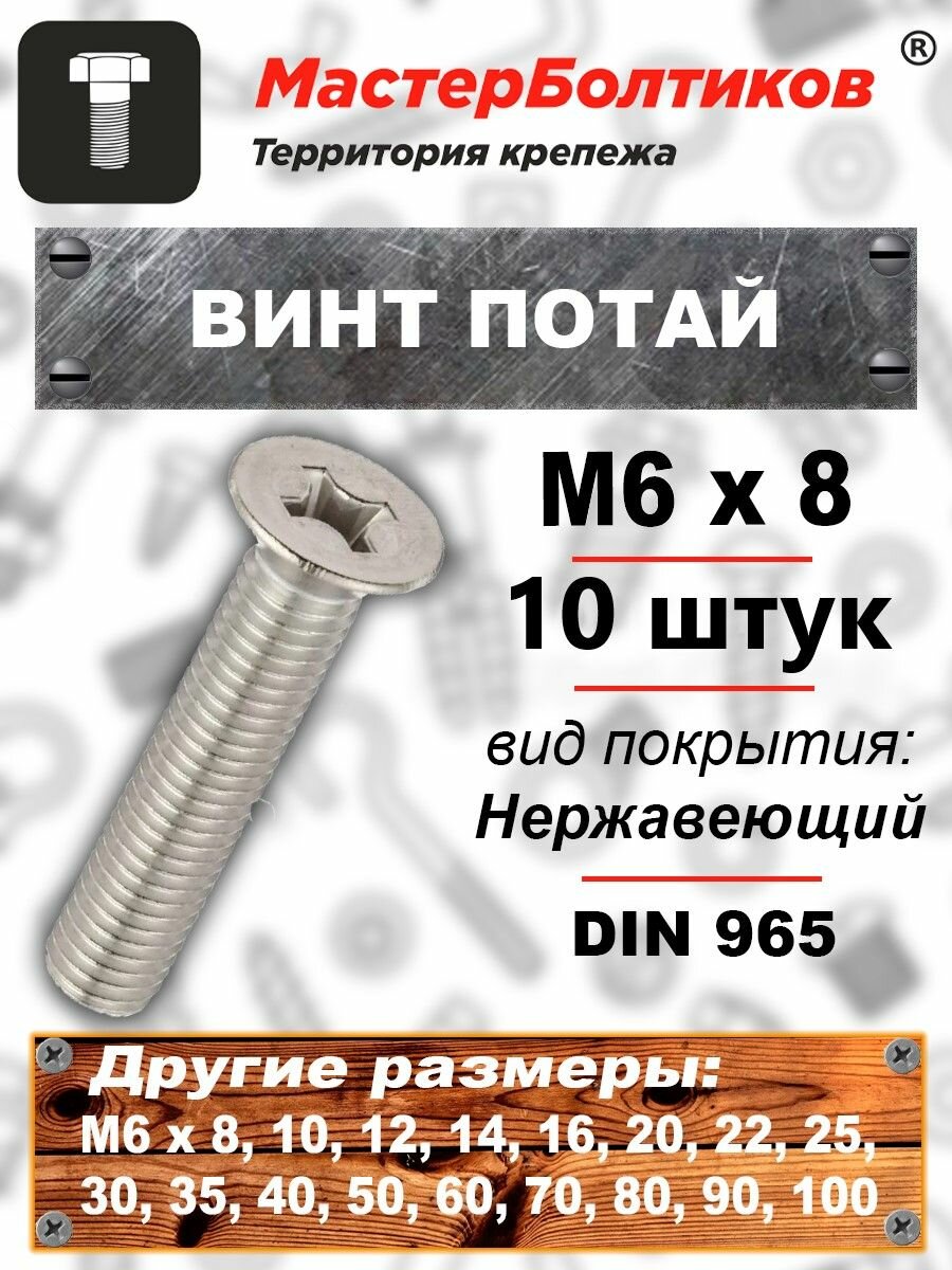 Винт потай M6х8 нержавеющий А2 DIN 965 "МастерБолтиков" ( 10 шт )