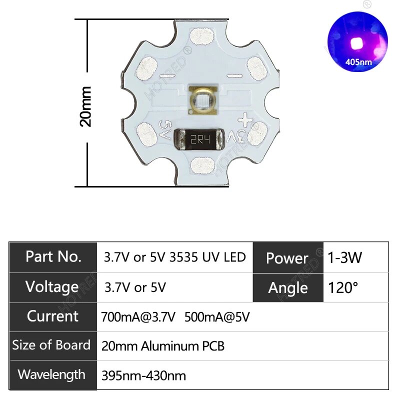 УФ LED 3535 1-3Вт 395-430нм 120° 20мм