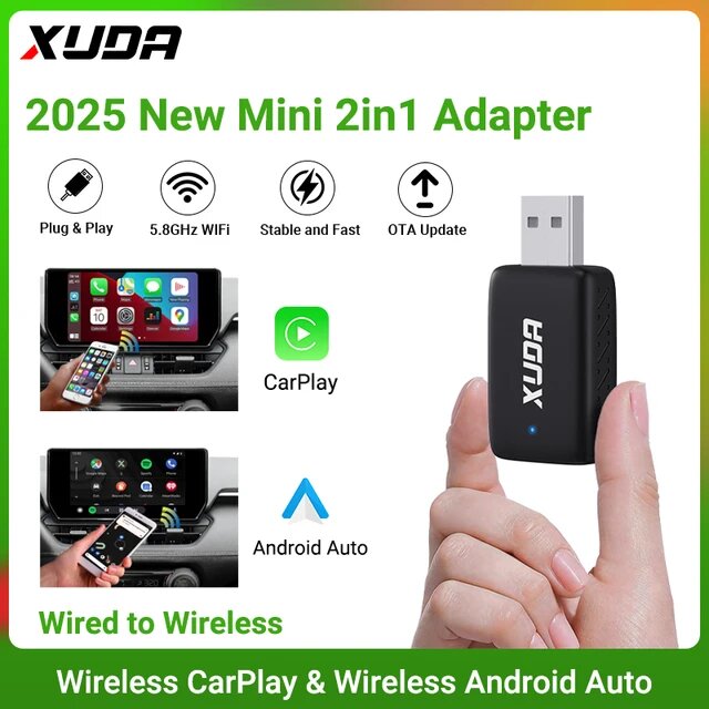 Новый миниатюрный проводной адаптер XUDA для подключения к беспроводной системе CarPlay и Android Auto 2-в-1 совместим с 99% автомобилей, изначально оснащенных проводной функцией CarPlay/Android Auto.