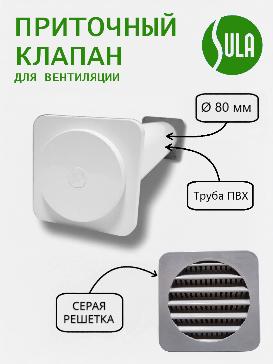 Приточный клапан Sula-80 с ПВХ трубой и серой решеткой