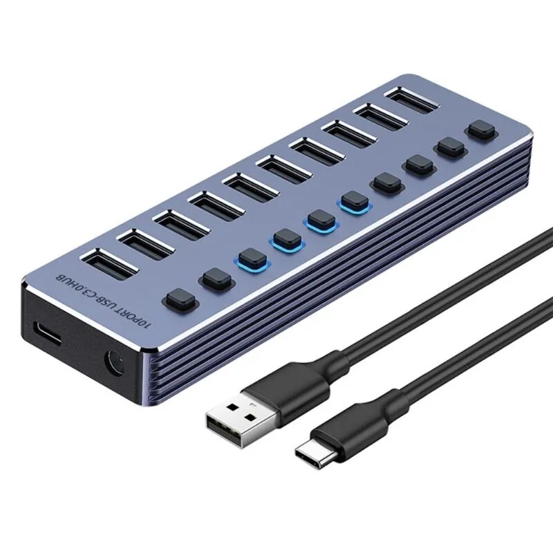 Алюминиевый USB 3.0 разветвитель 4/7/10 портов для быстрой передачи данных и зарядки с независимыми переключателями, десять