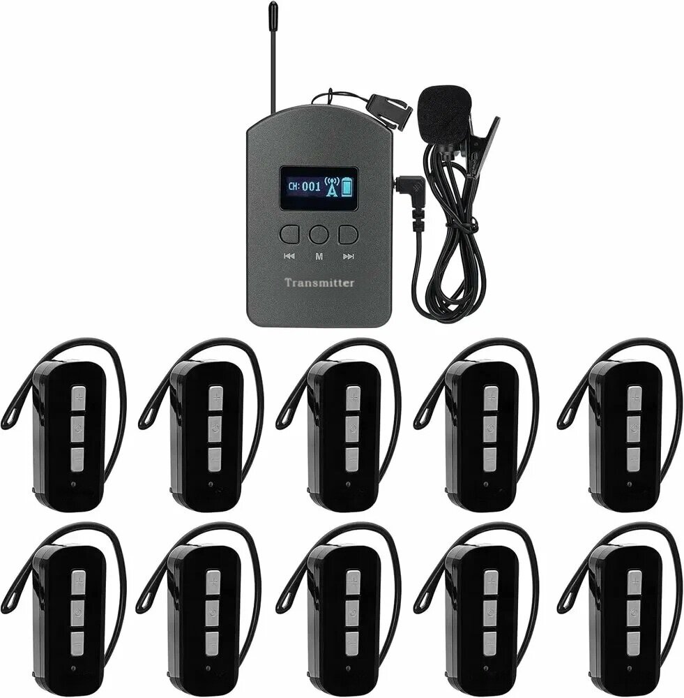 Конференц-микрофон, радиогид система на 10 экскурсантов,1 шт Передатчик TT112 и 10 шт TT111 Приемник RETEKRSS для туризма