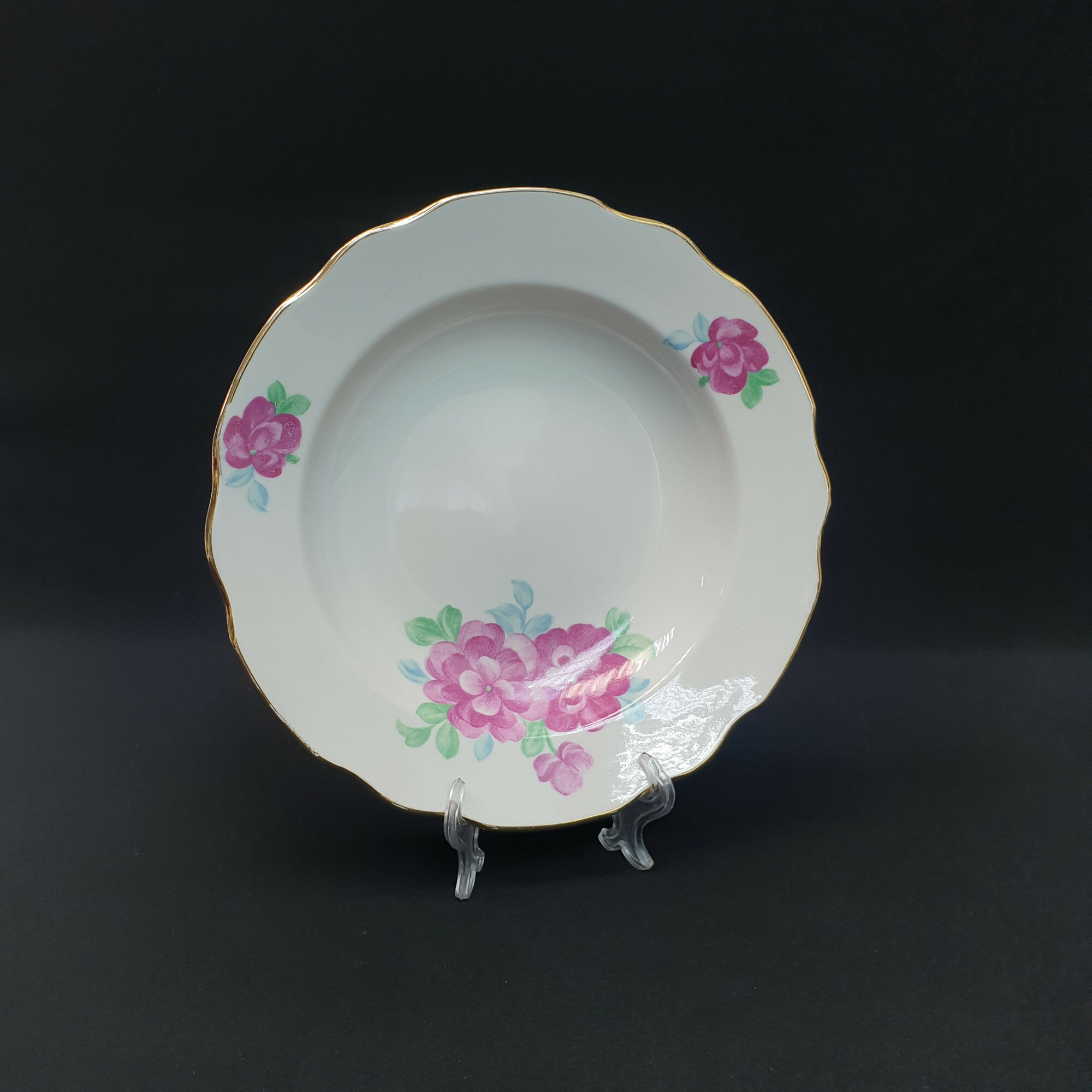 Винтажная суповая тарелка, Дулево, фарфор, деколь, позолота, СССР.