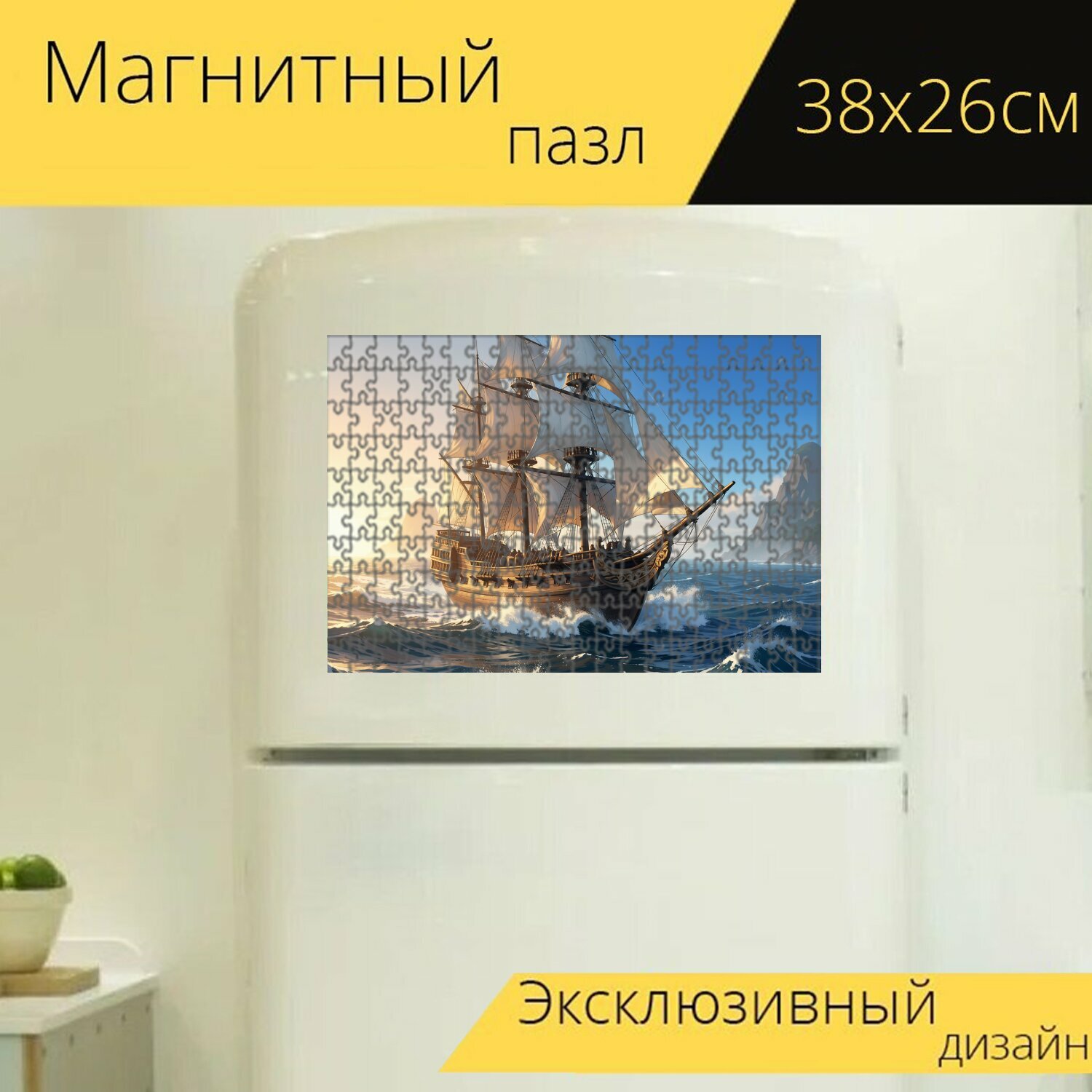 Магнитный пазл "Парусник в бурном океане. Величественный морской корабль под белыми парусами мчится по волнам на фоне закатного света, голубого неба и." для интерьера, 38х26 см.