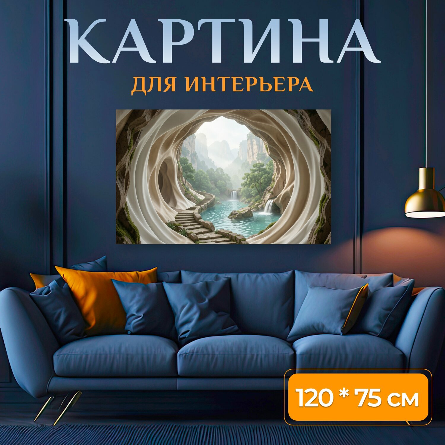 Картина на холсте "Сказочная пещера с водопадом. Фантазийный природный ландшафт с каменным проходом, бирюзовой водой, каскадами и зелёными." на подрамнике 120х75 см. для интерьера