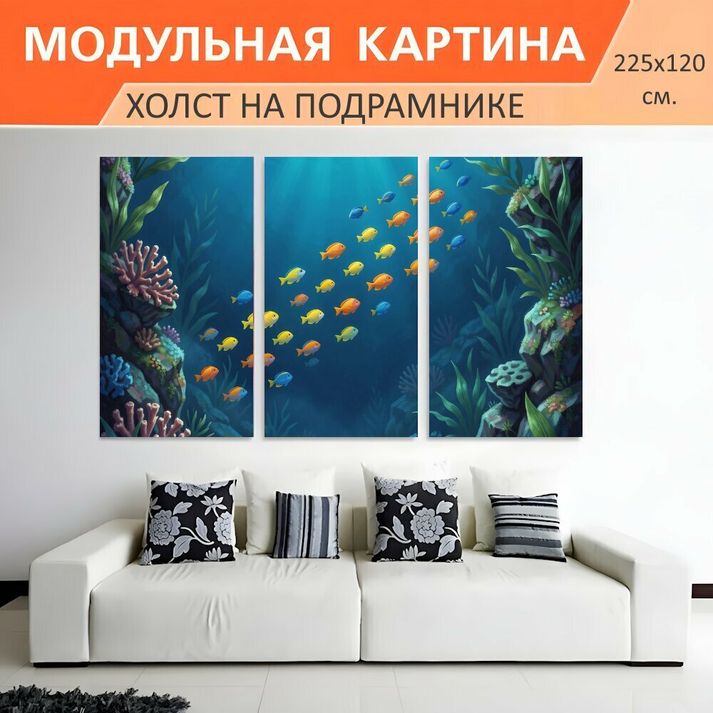 Модульная картина на холсте "Подводный мир с рыбами. Сказочная морская сцена с яркими рыбками, водорослями, кораллами и лучами света." триптих на подрамнике 225х120 см. для интерьера
