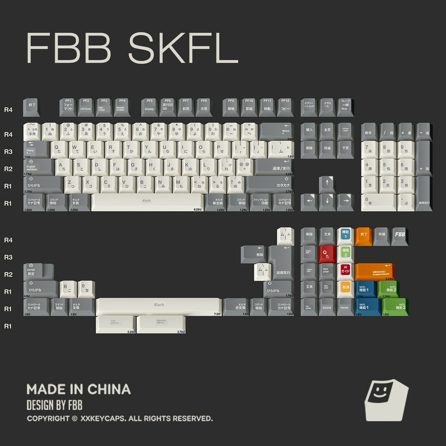 FBB Кастомные ключевые капсы SKFL с пятисторонней термосублимацией из ПБТ для механических клавиатур 1.7 мм ретро серый