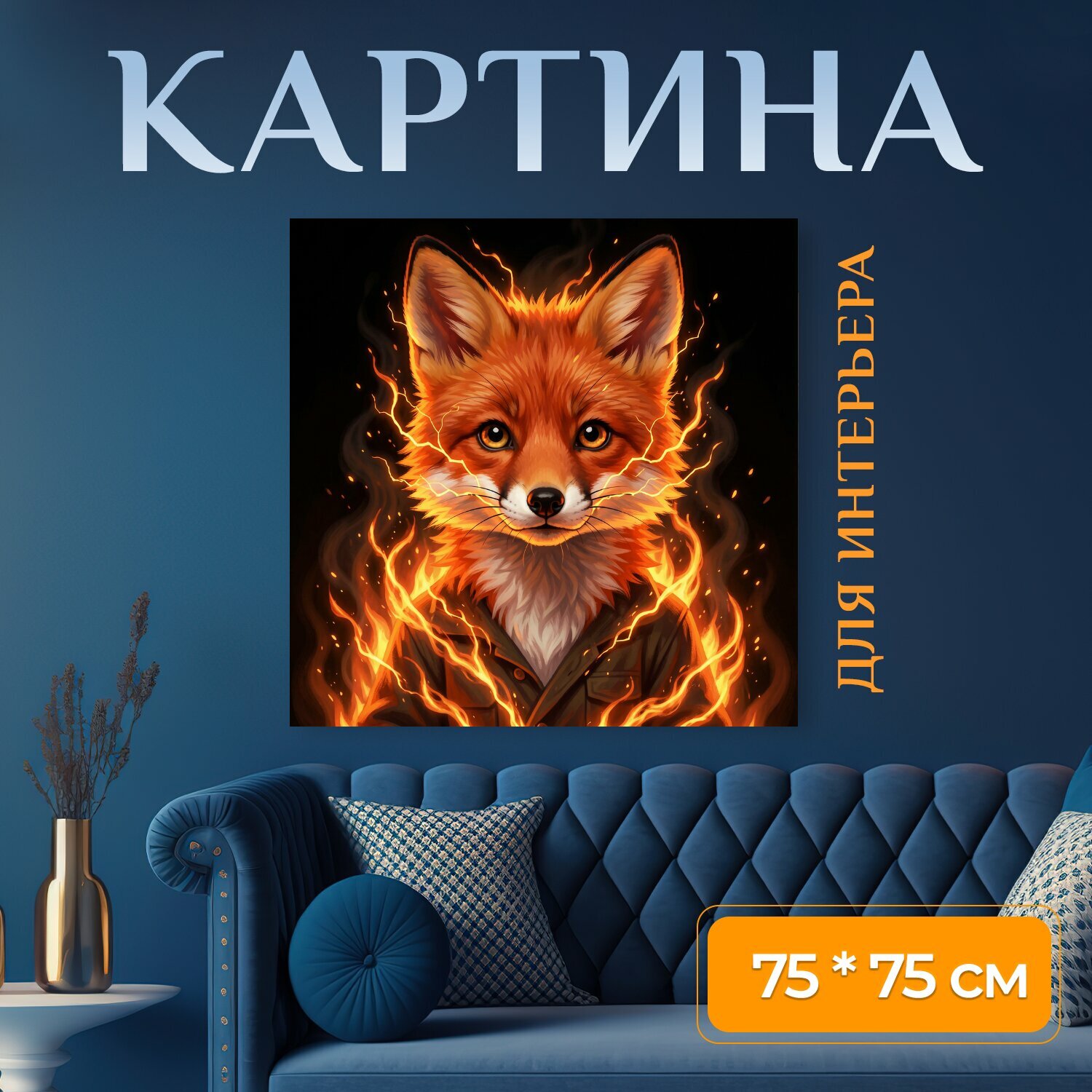 Картина на холсте "Огненная лиса в темном фоне. Яркий лисенок в цифровой иллюстрации, окруженный языками пламени и искрами. Черный фон." на подрамнике 75х75 см. для интерьера