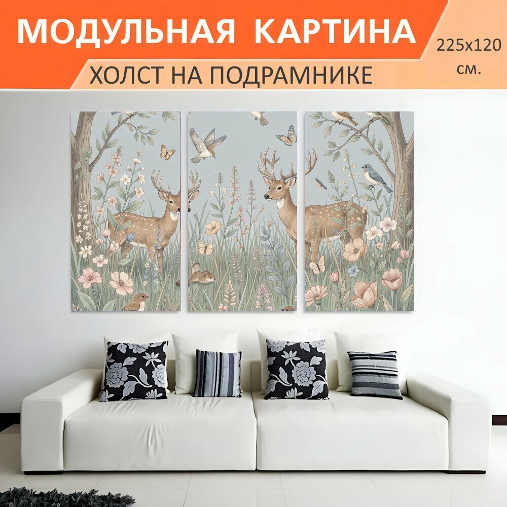 Модульная картина на холсте "Лесные олени среди цветов. Нежная акварельная сцена с оленями, птицами, бабочками и полевыми цветами в." триптих на подрамнике 225х120 см. для интерьера