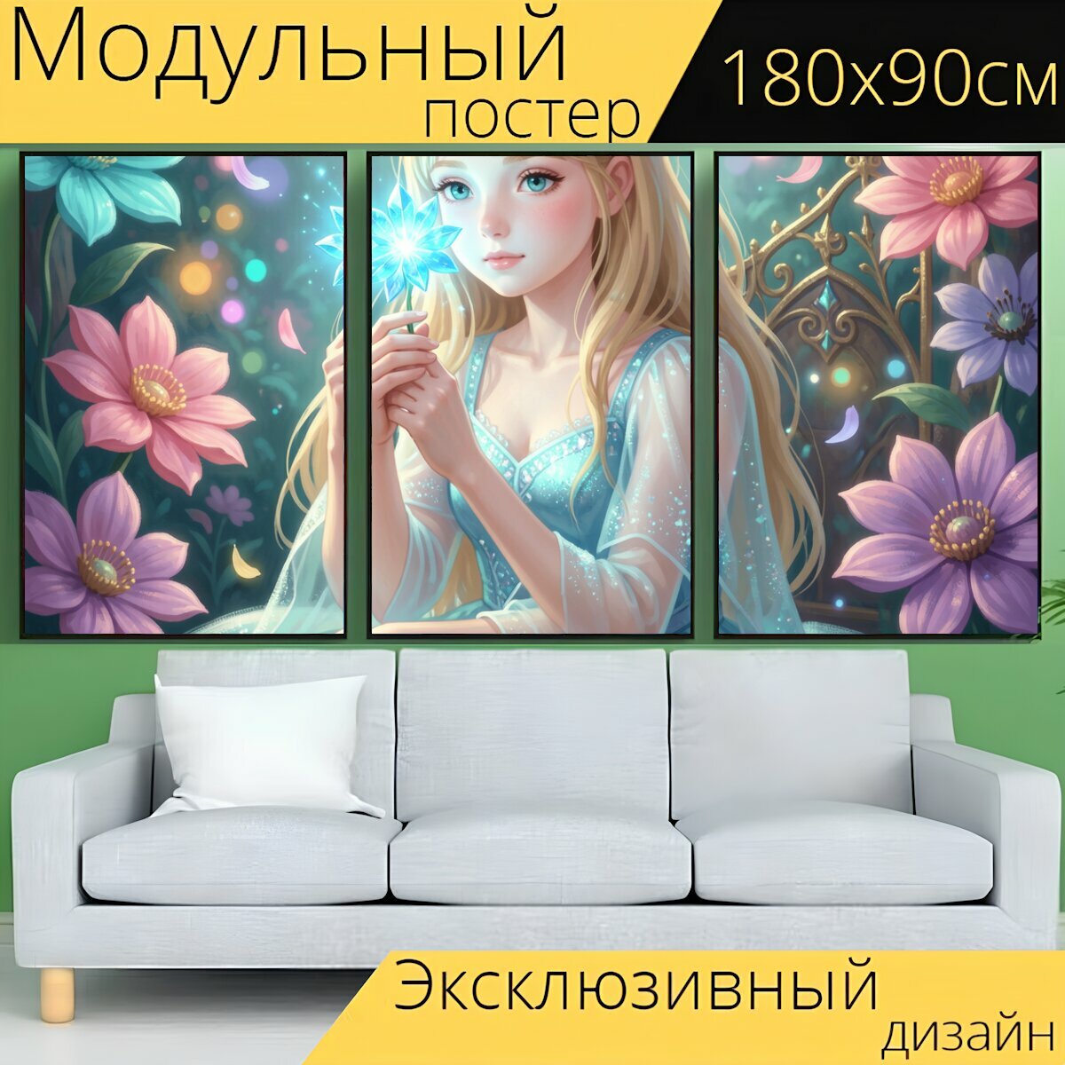 Модульный постер "Девушка с светящимся цветком. Нежная сказочная иллюстрация: юная блондинка в голубом наряде держит сияющий." 180 x 90 см. для интерьера на стену в тубусе