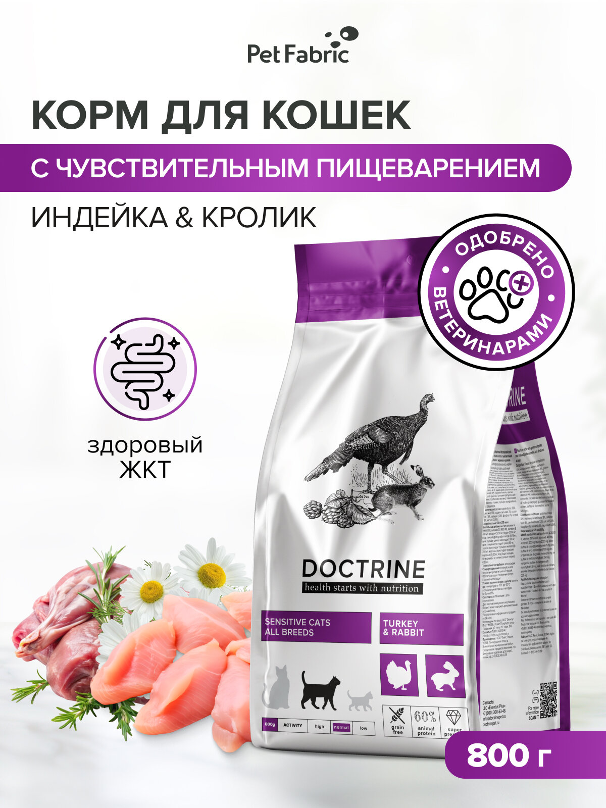 Корм для кошек сухой с индейкой и кроликом, для чувствительного пищеварения, 800 г