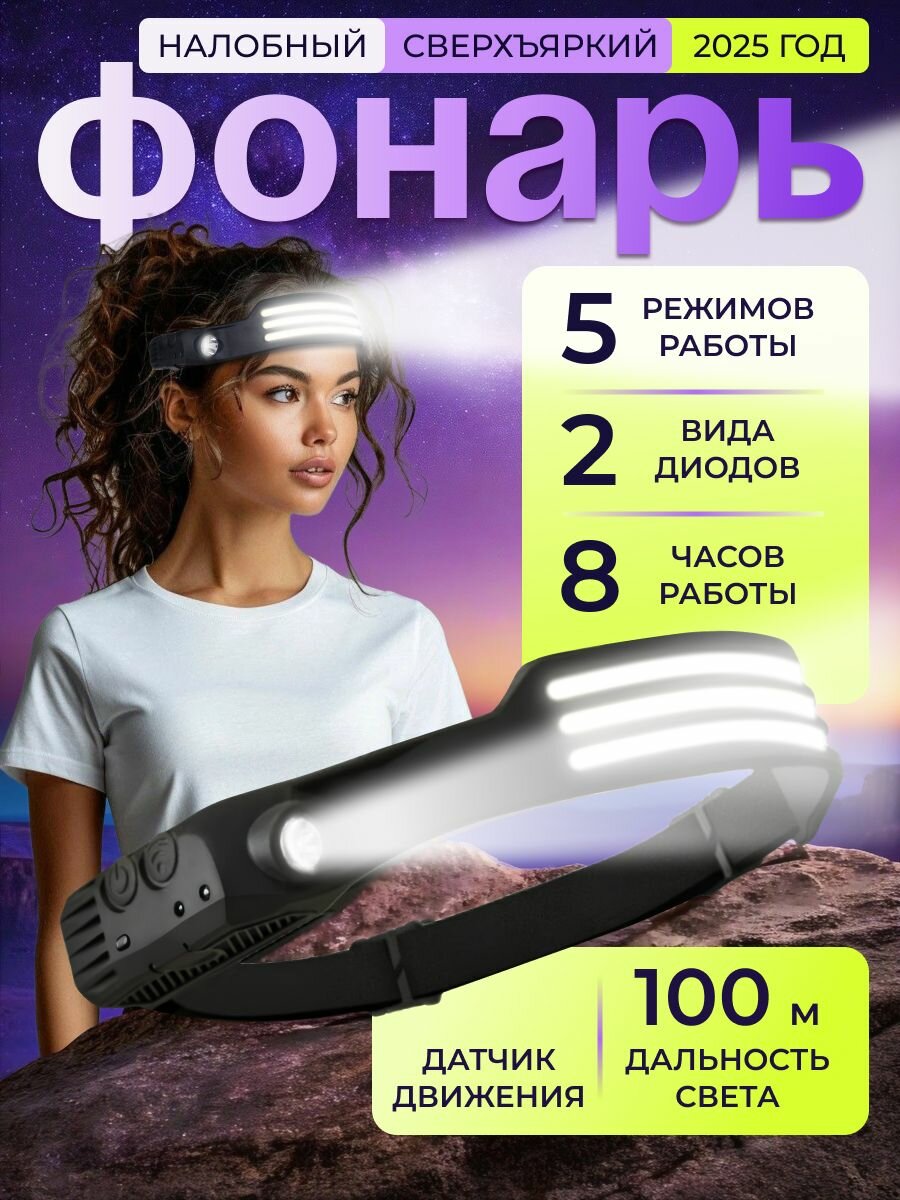 Фонарь налобный аккумуляторный 400 люмен, светодиодный, АКБ 18650 на 850 мА*ч, USB Type-C