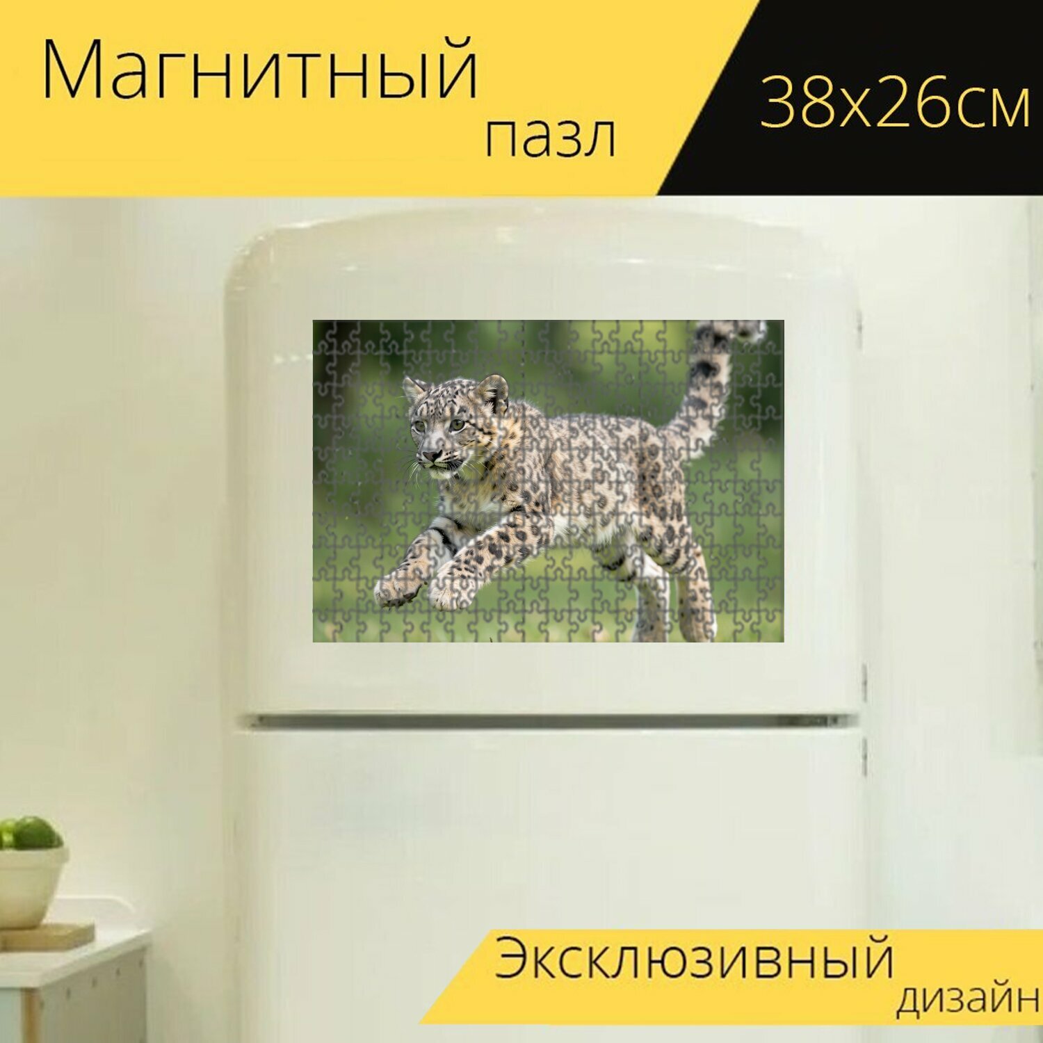 Магнитный пазл "Прыгающий снежный барс. Грациозный хищник в прыжке на фоне мягкого зеленого размытия, детальная природная съемка, пятнистый окрас, динамика." для интерьера, 38х26 см.